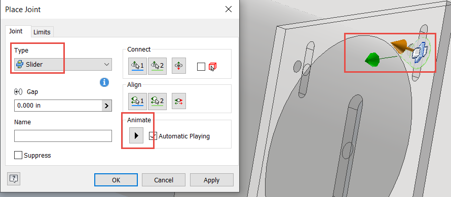 Inventor - Centering a Hole in a Slot with the Joint Command